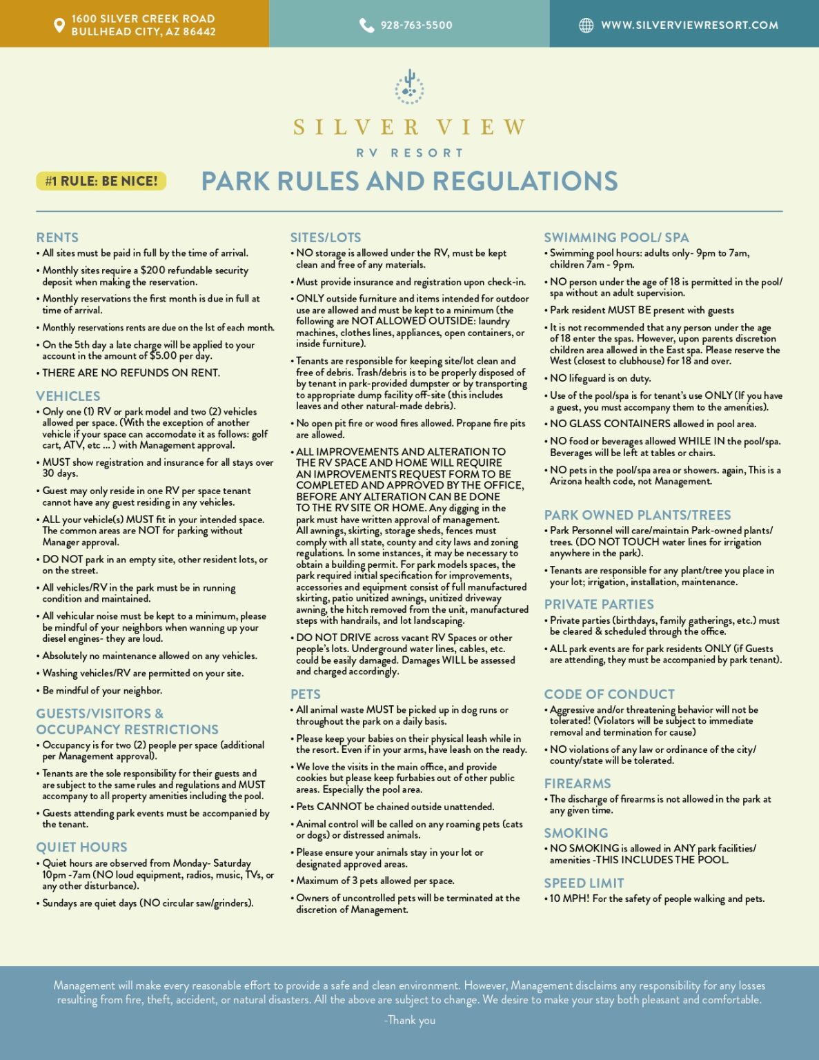 Resort Map Of Silver View RV Resort In Bullhead City, Arizona